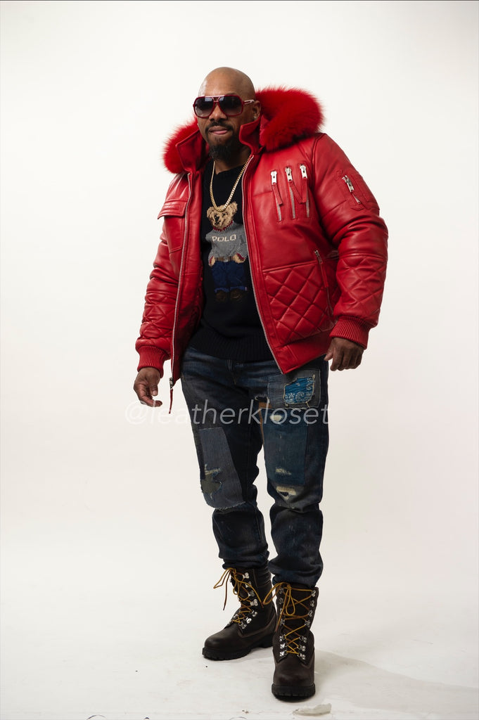 Men's Roddy Bomber Jacket With Fox Hood [Red] – LeatherKloset