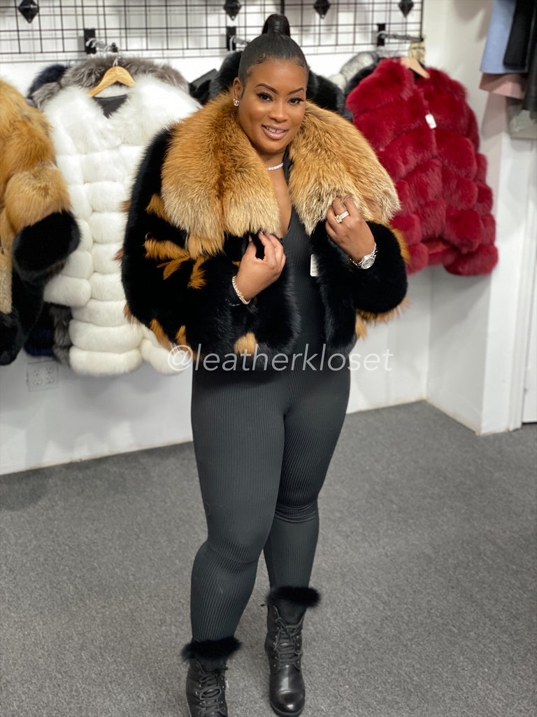 Women's Halle Fox Bomber Jacket With Hood [Black and Gold] – LeatherKloset