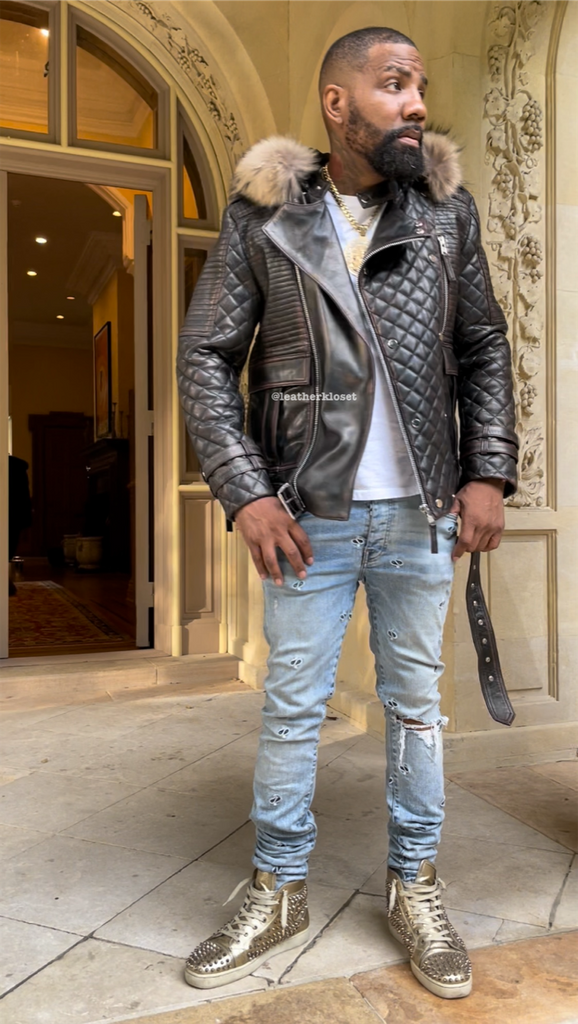 Men's Billy Leather Biker Hoodie With Fur Hood [Brown Copper ...